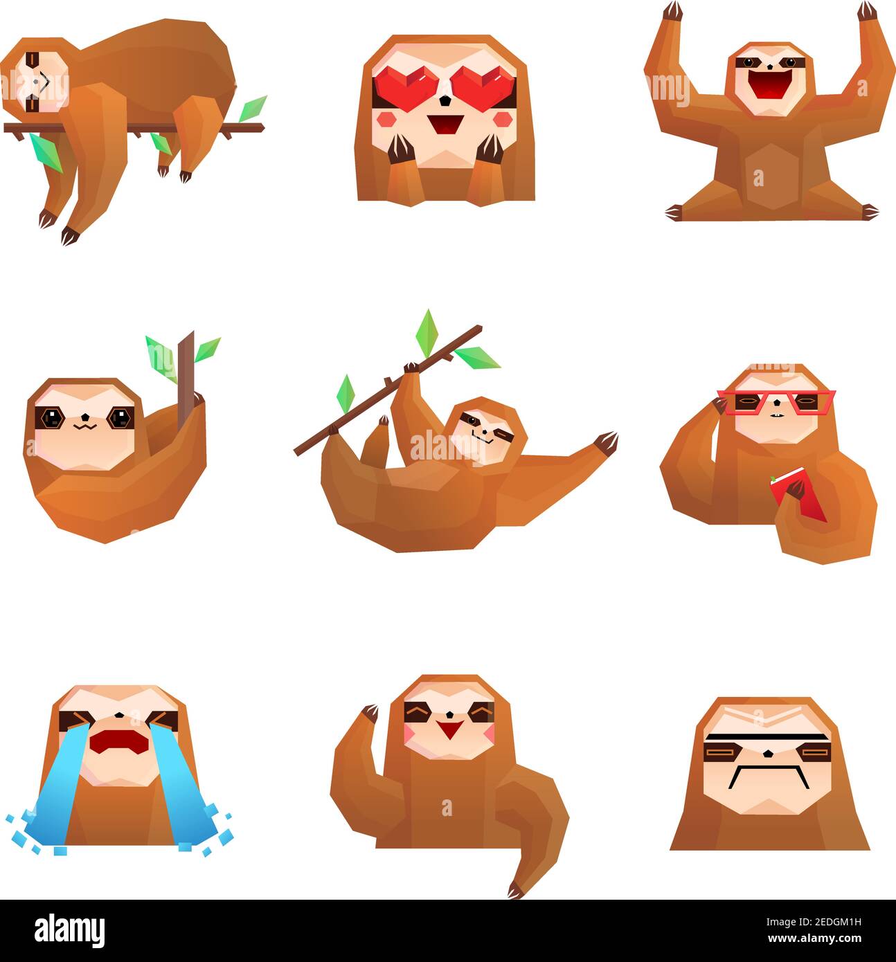 Different emotions of cute sloth polygonal set isolated on white ...