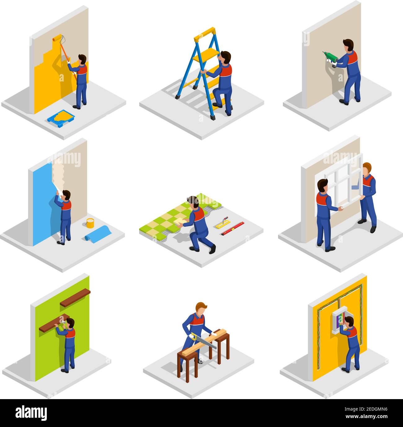 Renovation isometric icons set with paint and redecoration symbols ...