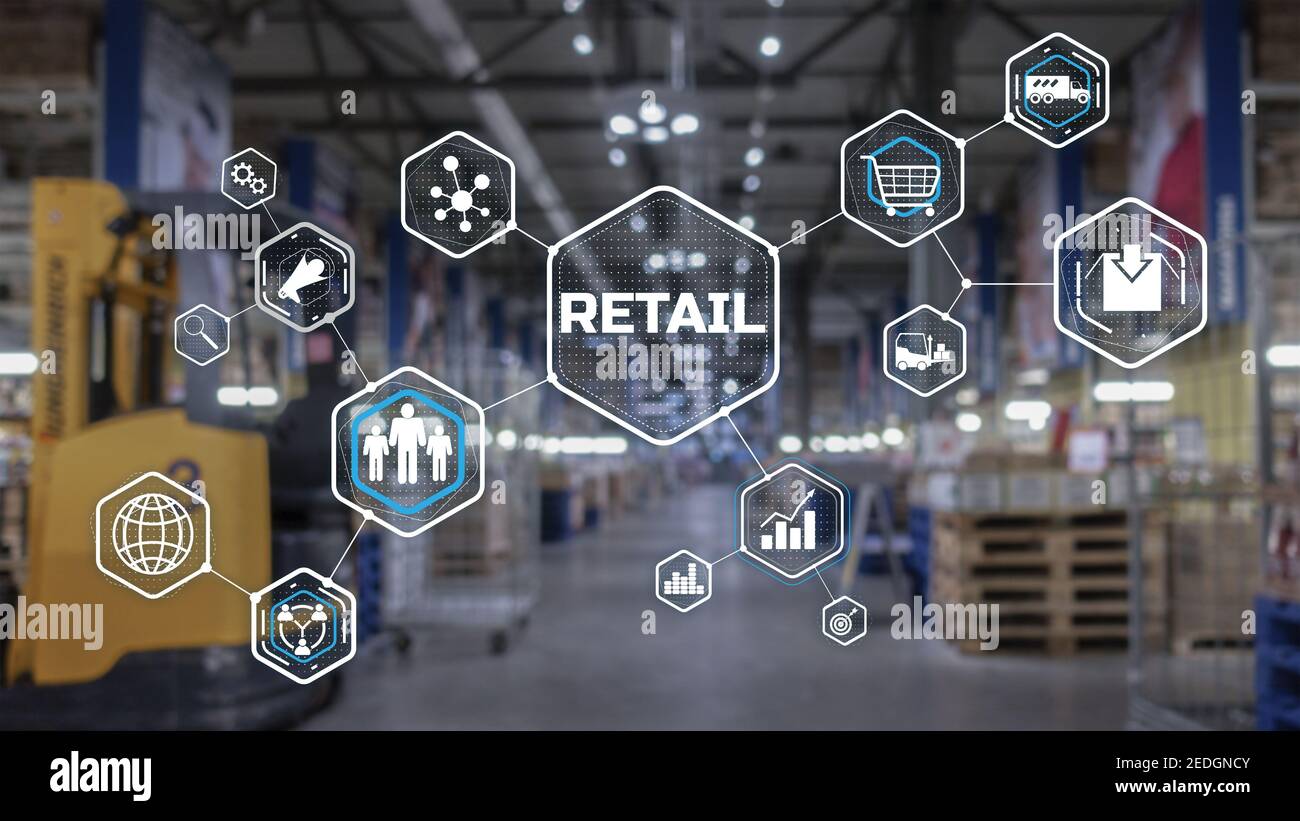 Retail Marketing Channels E-commerce. Shopping automation on blurred ...