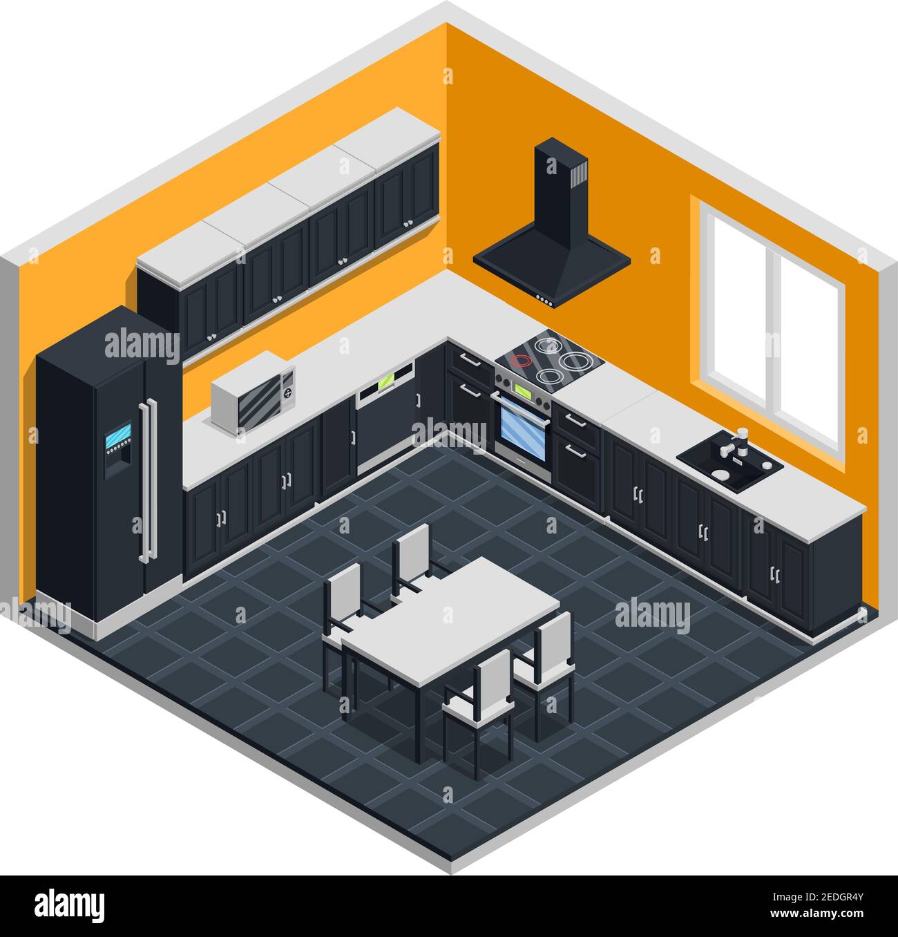 Kitchen interior isometric concept with microwave cooker and table ...