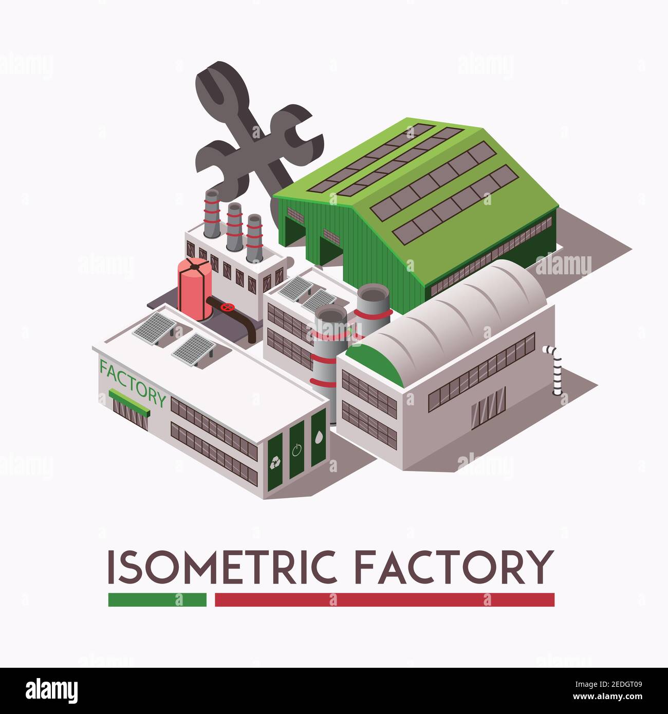 Grey and green factory industrial isometric buildings set on light ...