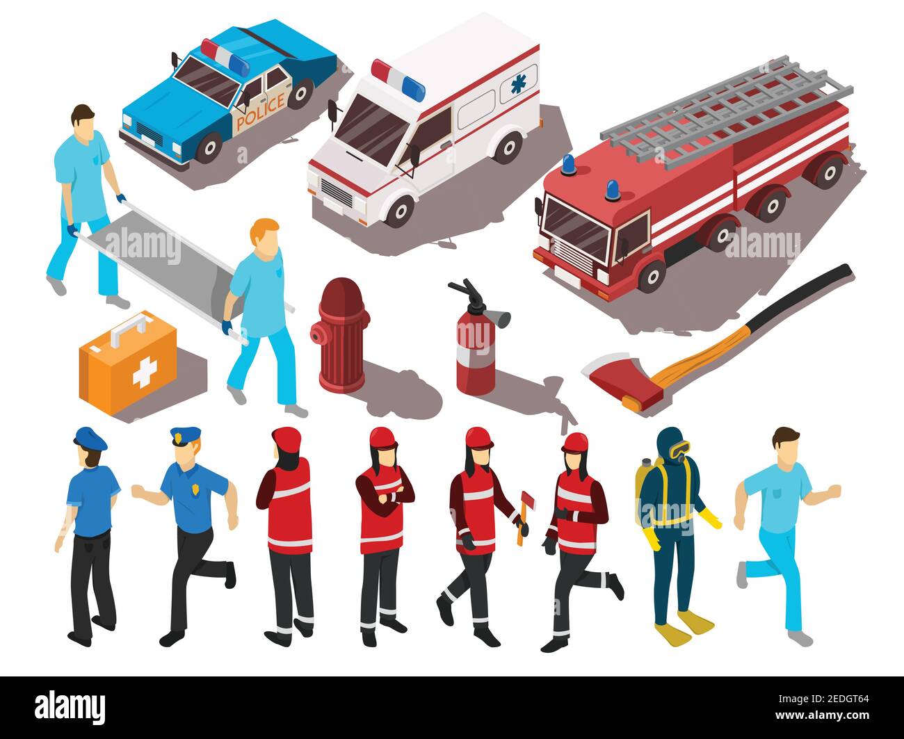 Rescue service workers their cars and equipment isometric set isolated ...