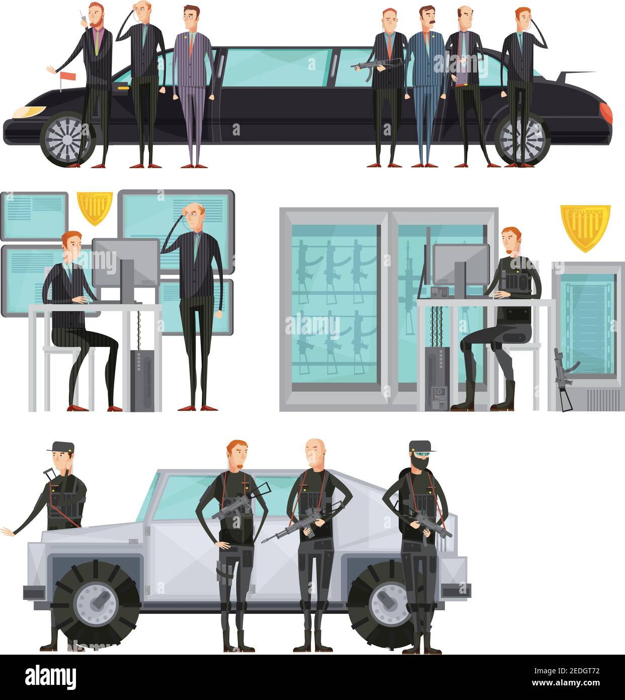 Intelligence agency colored flat composition with security and cars ...