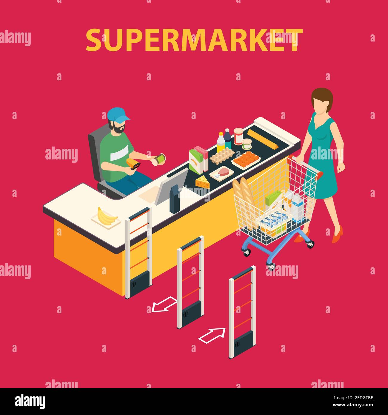 Hypermarket background with flat female customer and checkout clerk ...