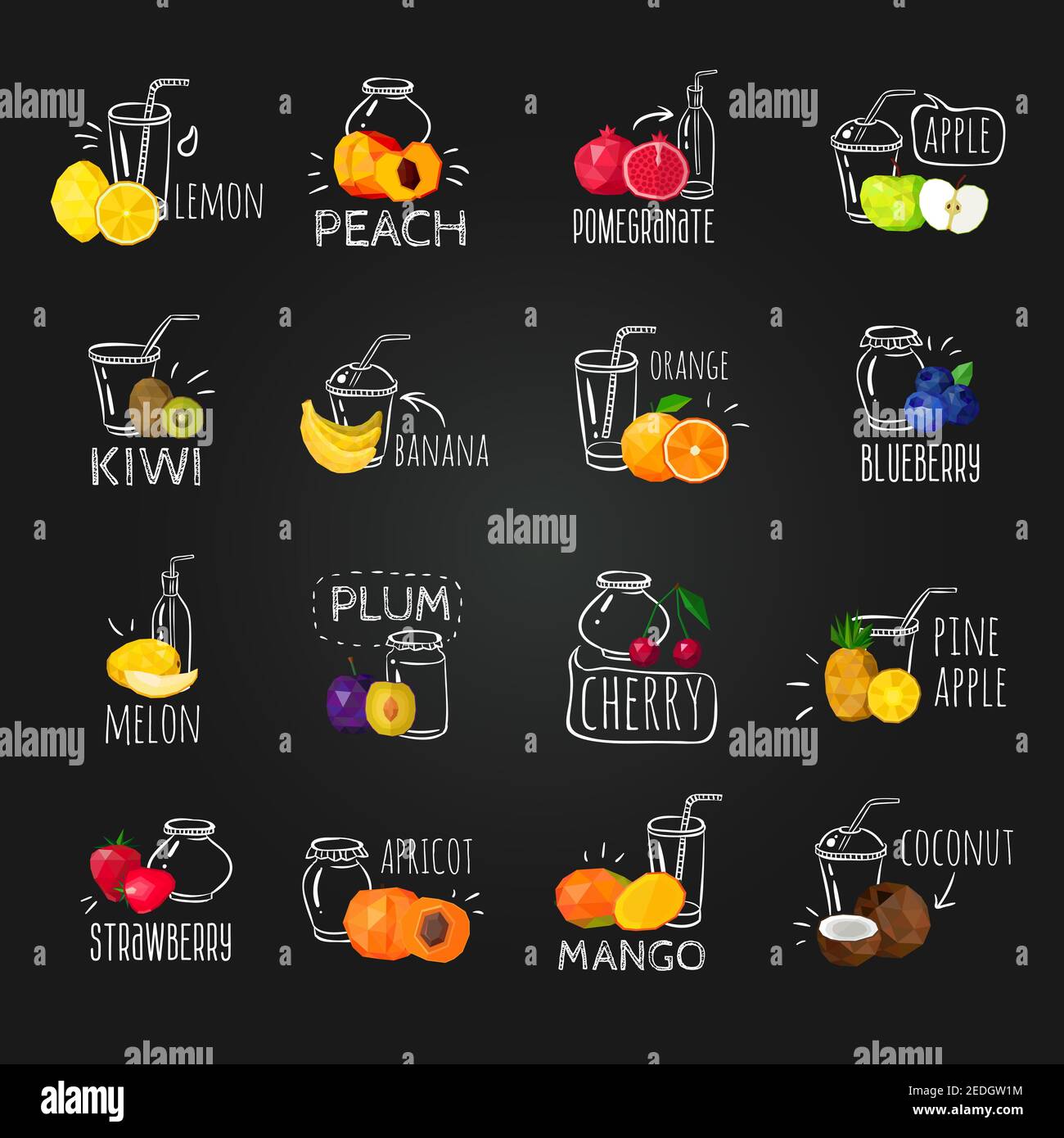 Fresh colorful fruits berries chalkboard menu with pomegranate peach ...