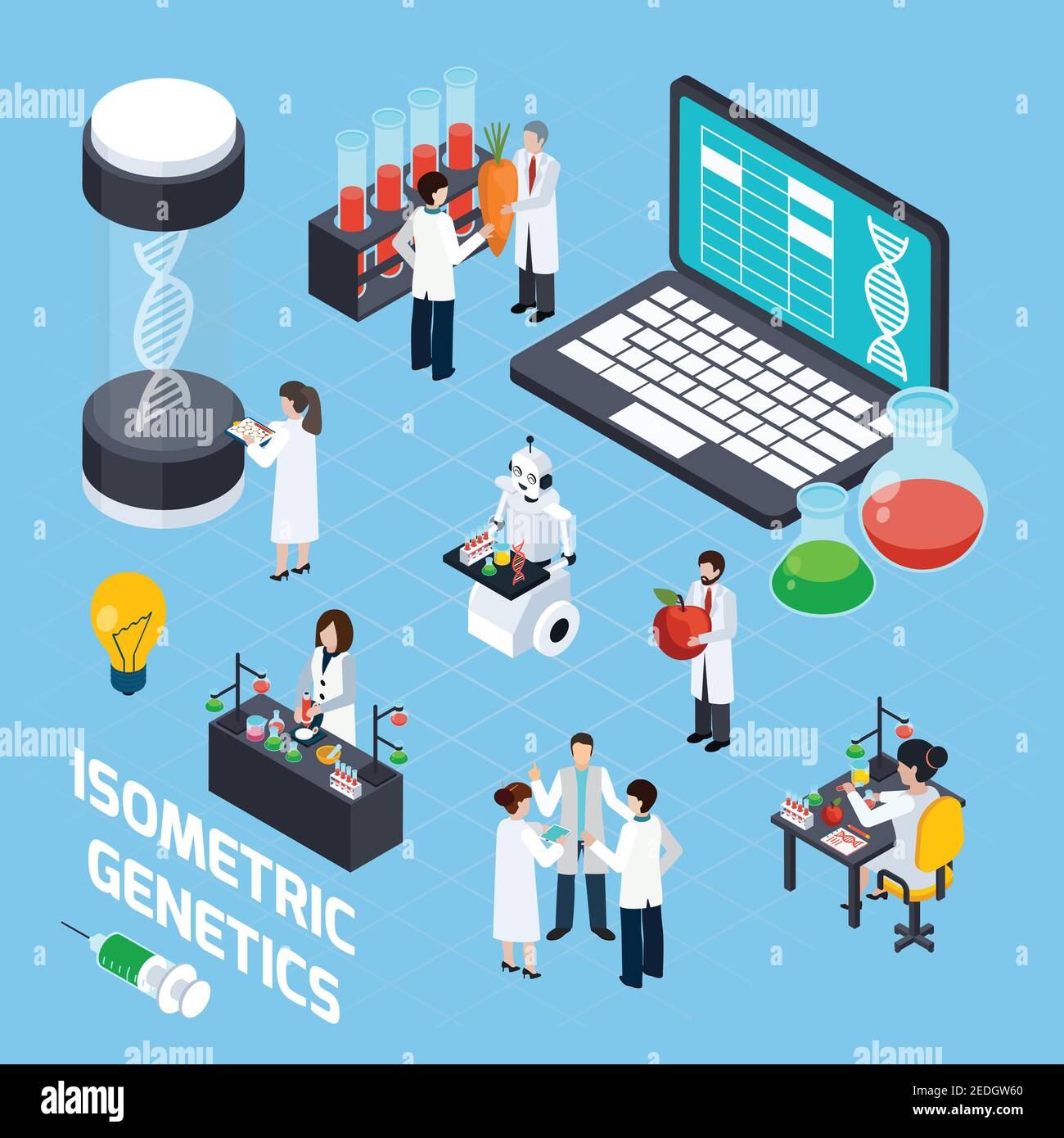 Genetics composition with dna symbols scientists used laboratory experiments and image of robot ...