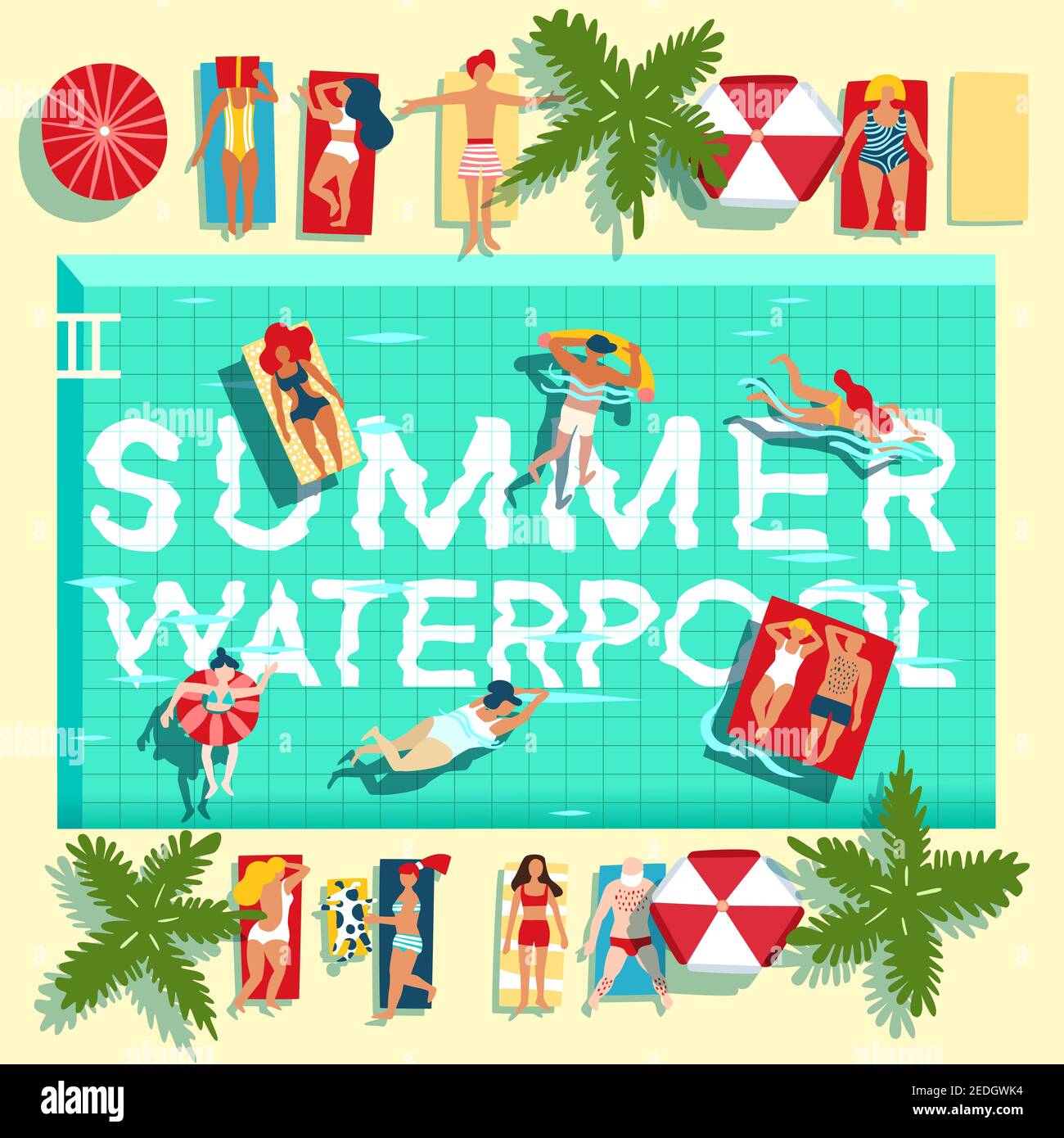 Summer vacation tropical resort swimming pool top view flat poster with ...