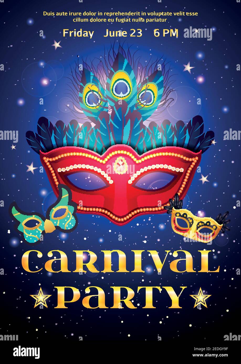 Carnival party poster with date of event and set of masquerade mask on ...