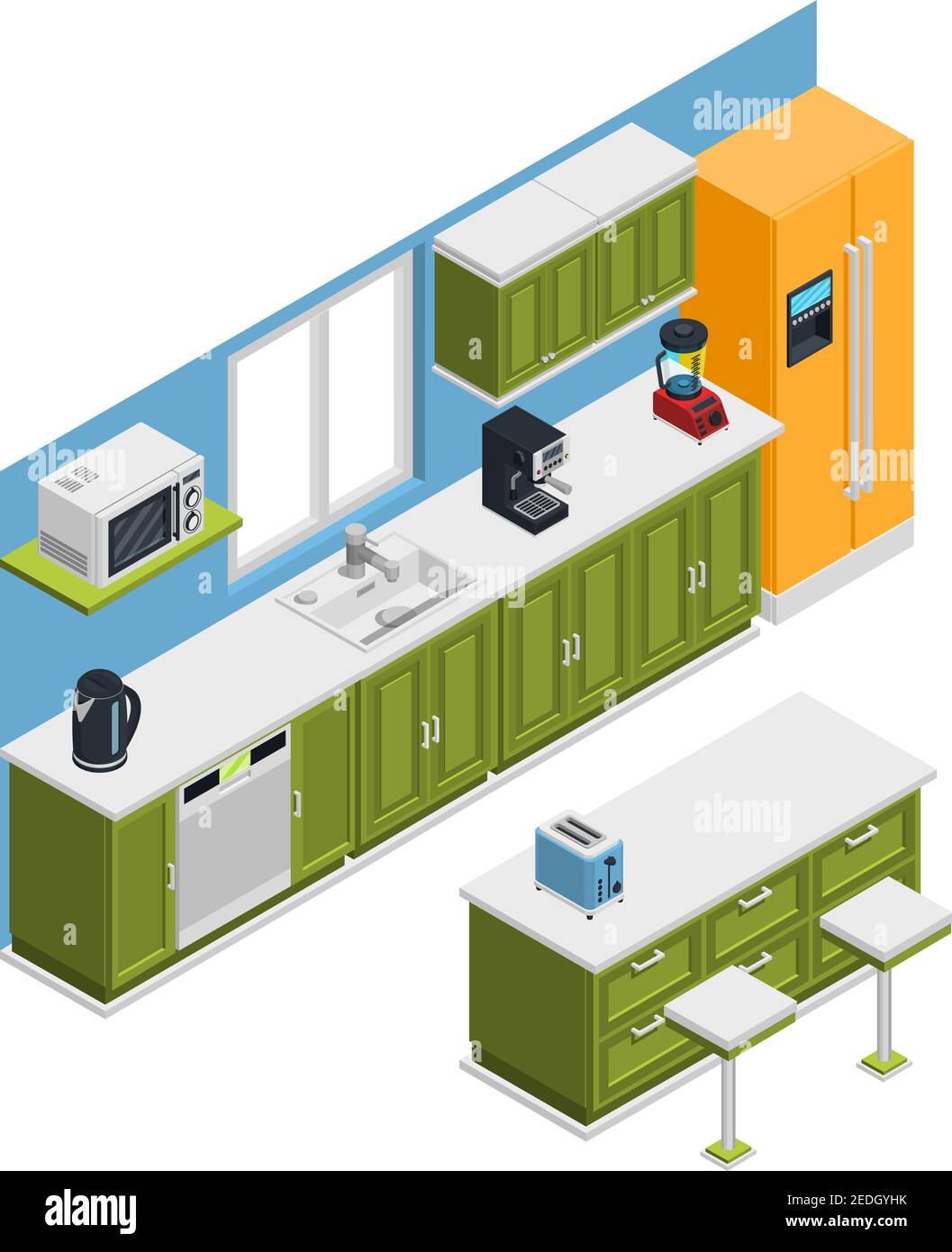 Kitchen interior isometric composition with fridge microwave and table ...