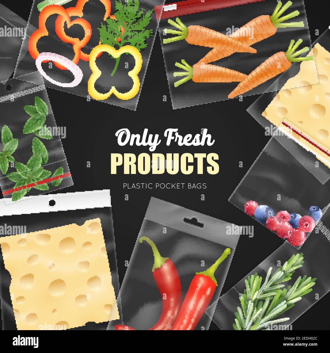 Transparent plastic pocket bags for packaging, fresh products on black ...