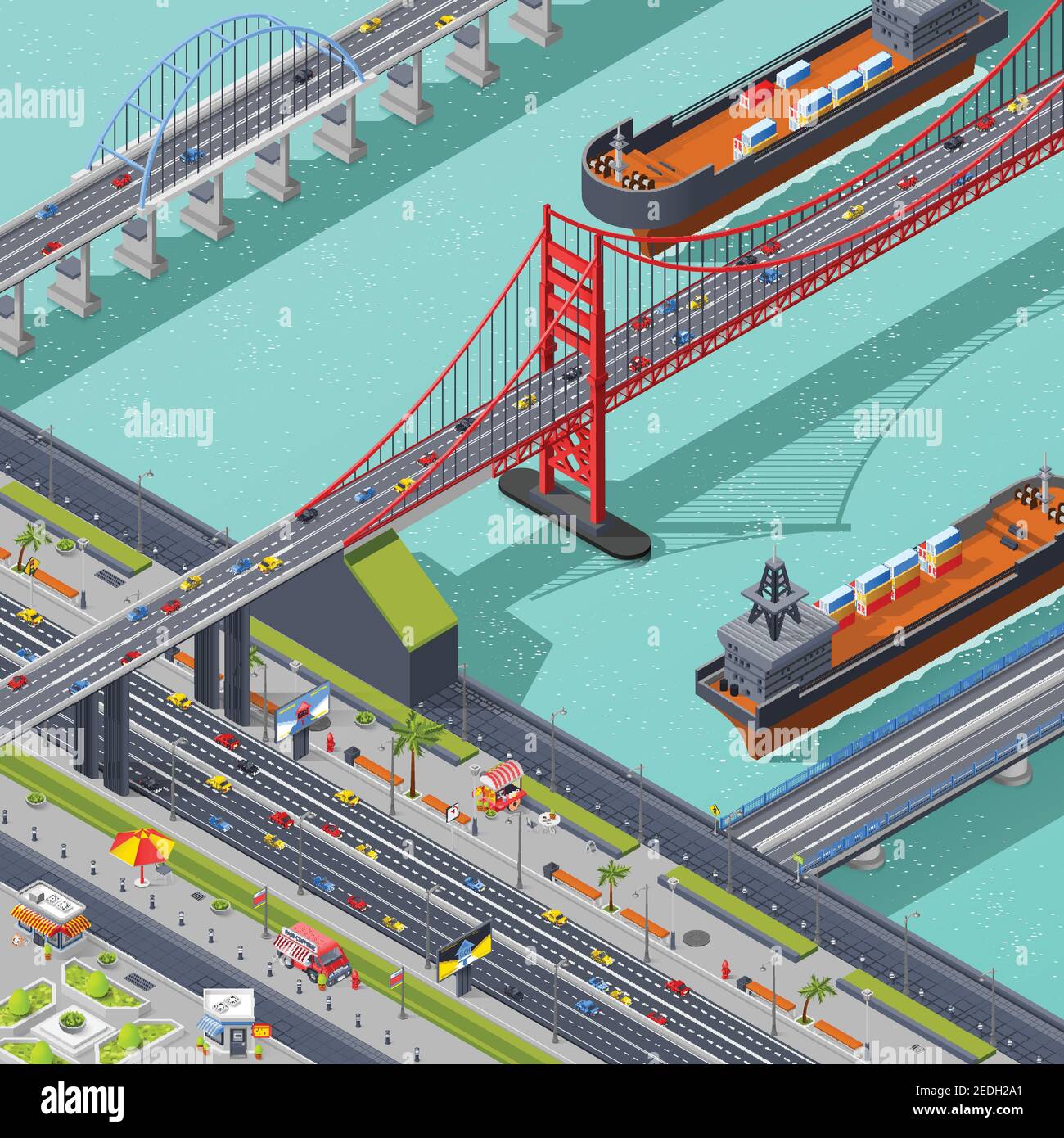 Bridges isometric composition with city traffic road and ships vector ...