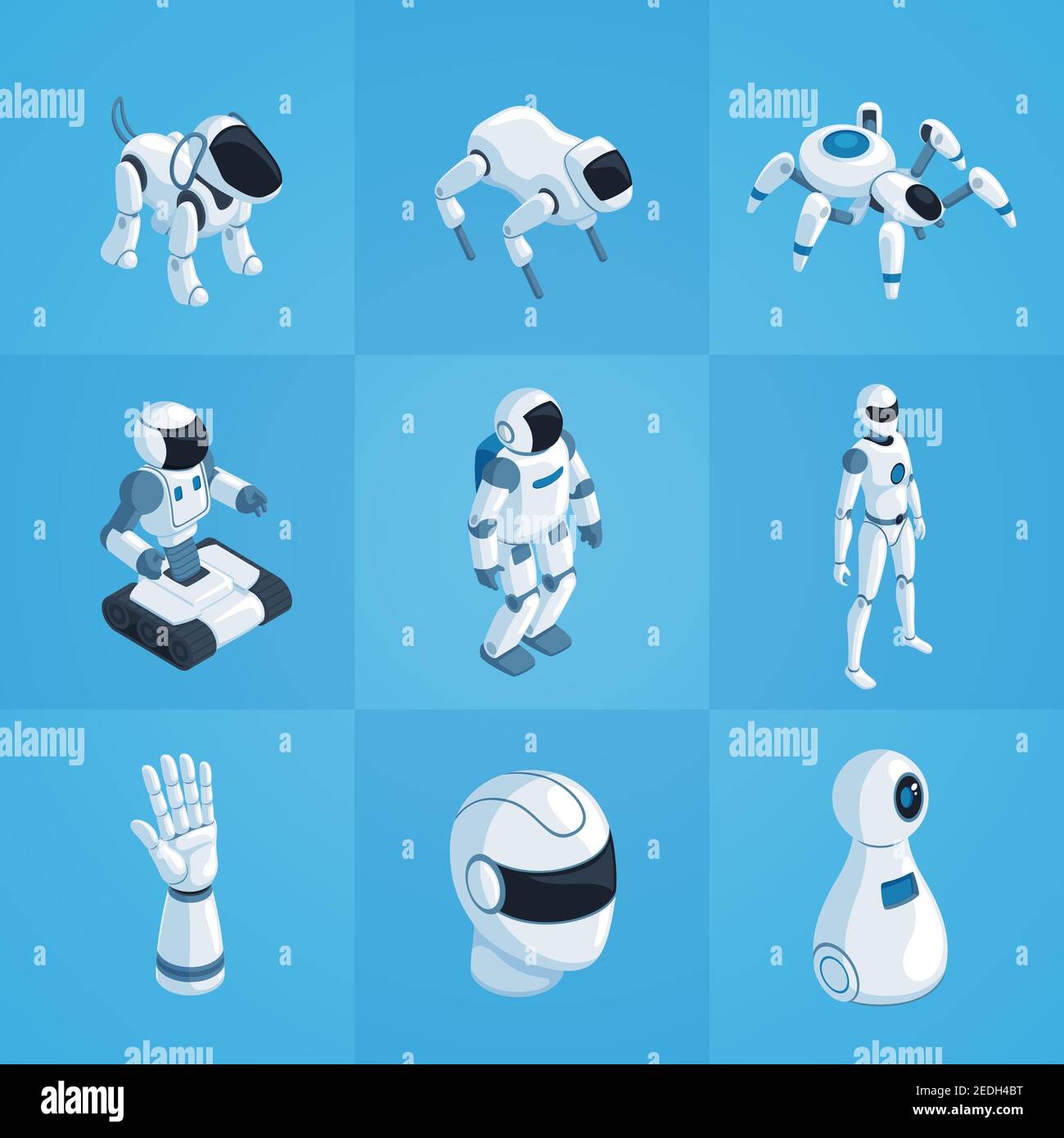 Robots set of isometric icons including androids automatic dog and ...