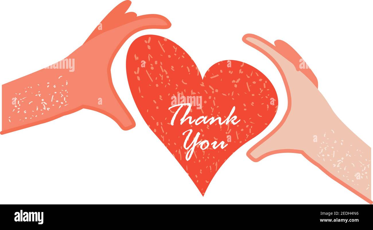 hands with heart and thanks you hand drawn text vector illustration ...