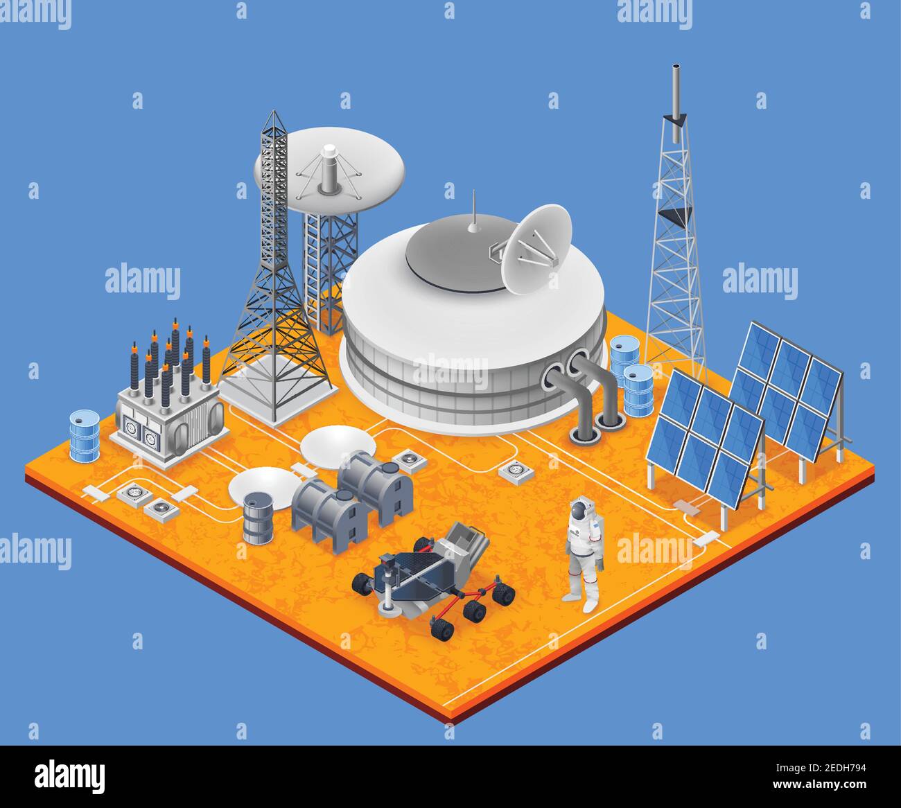 Space station isometric concept with solar energy symbols vector ...