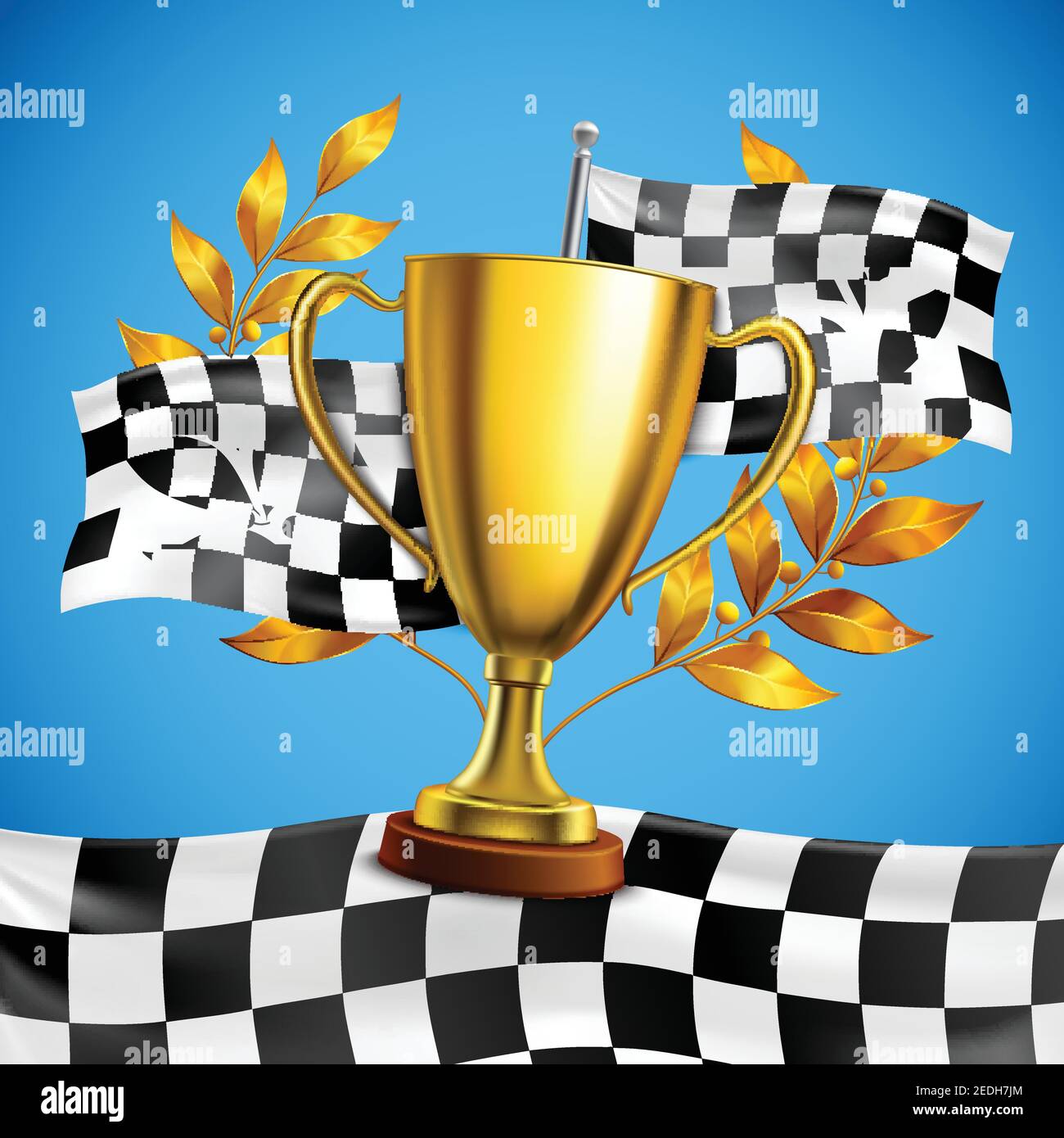 Gold race winner trophy with golden bay laurel wreath branches on ...