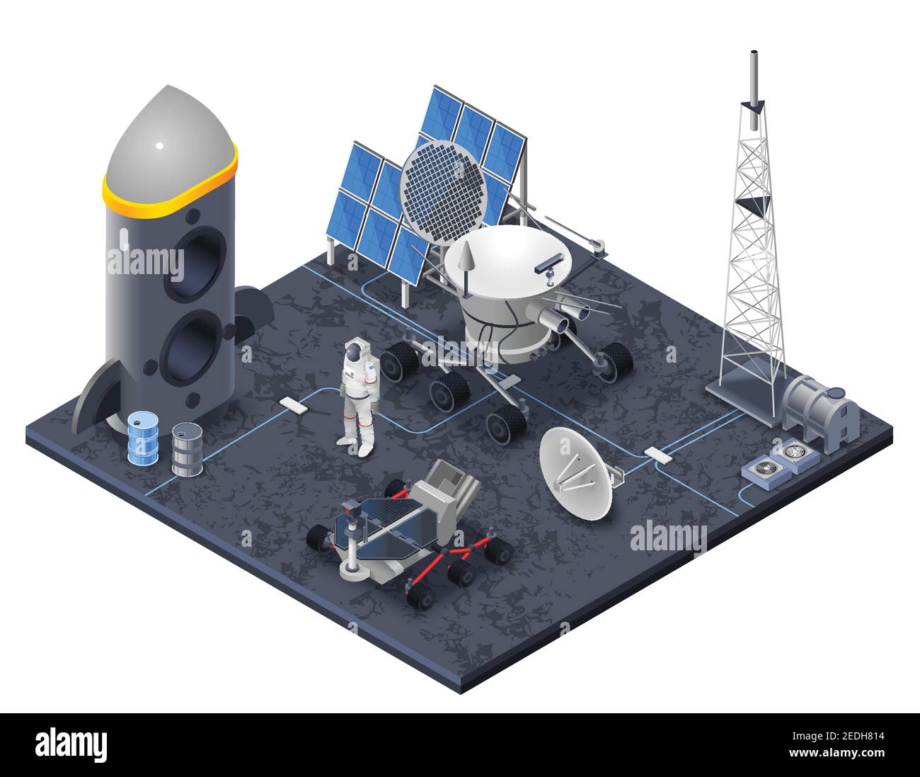 Space isometric concept with solar energy and rocket symbols vector ...