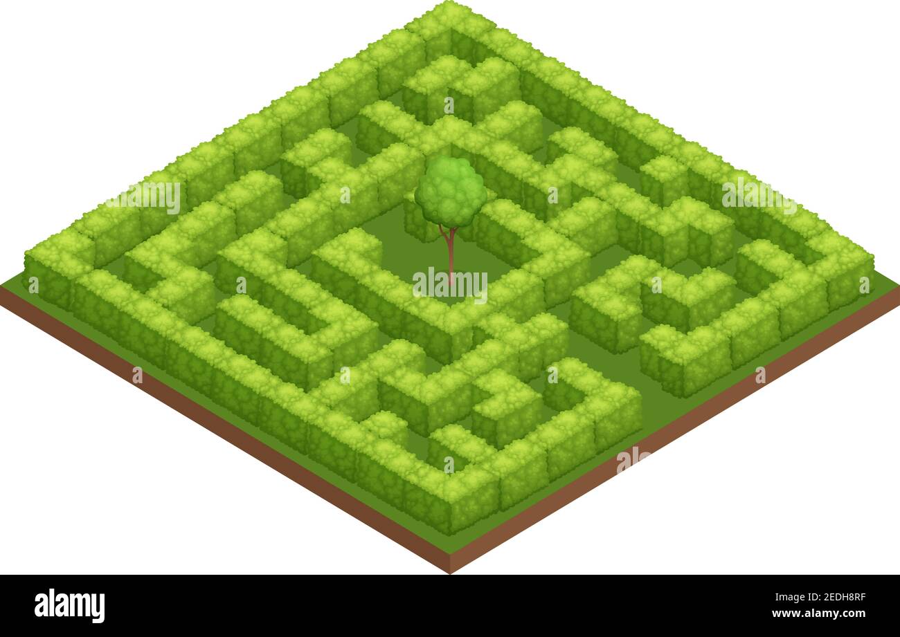 Garden labyrinth isometric image with square maze walls made of bushes ...