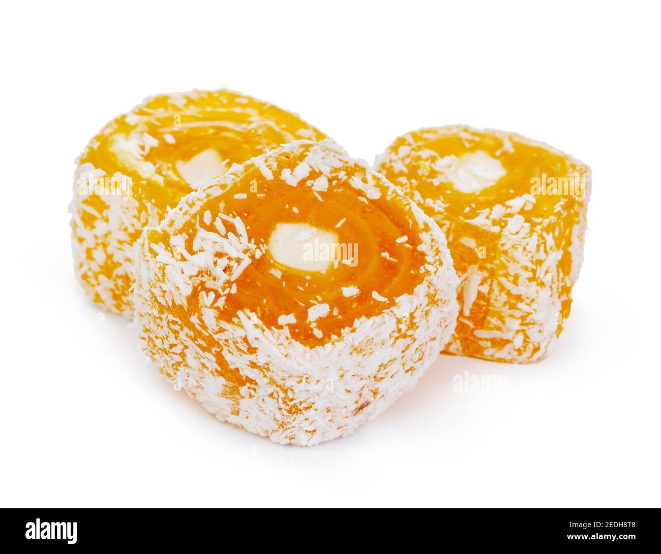 Yellow Turkish Delight sweets isolated on white Stock Photo - Alamy