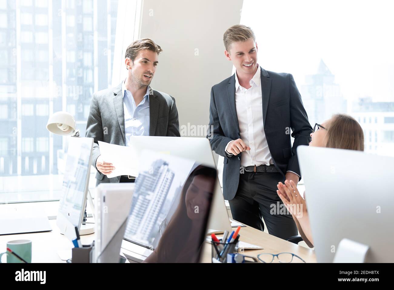 Businessman supervisors talking with staff in headquarters office on ...