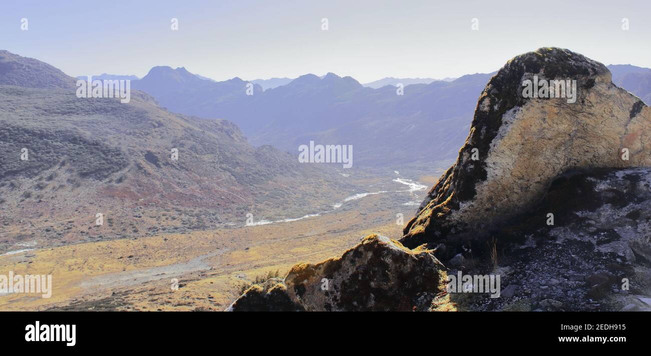 alpine landscape and beautiful rock formation near bum la pass in ...