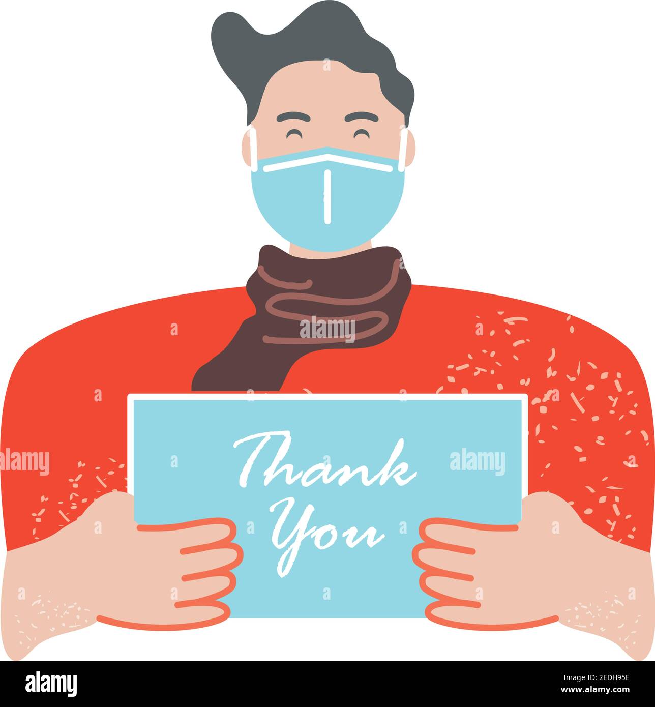 character with face mask holds thanks you banner vector illustration ...