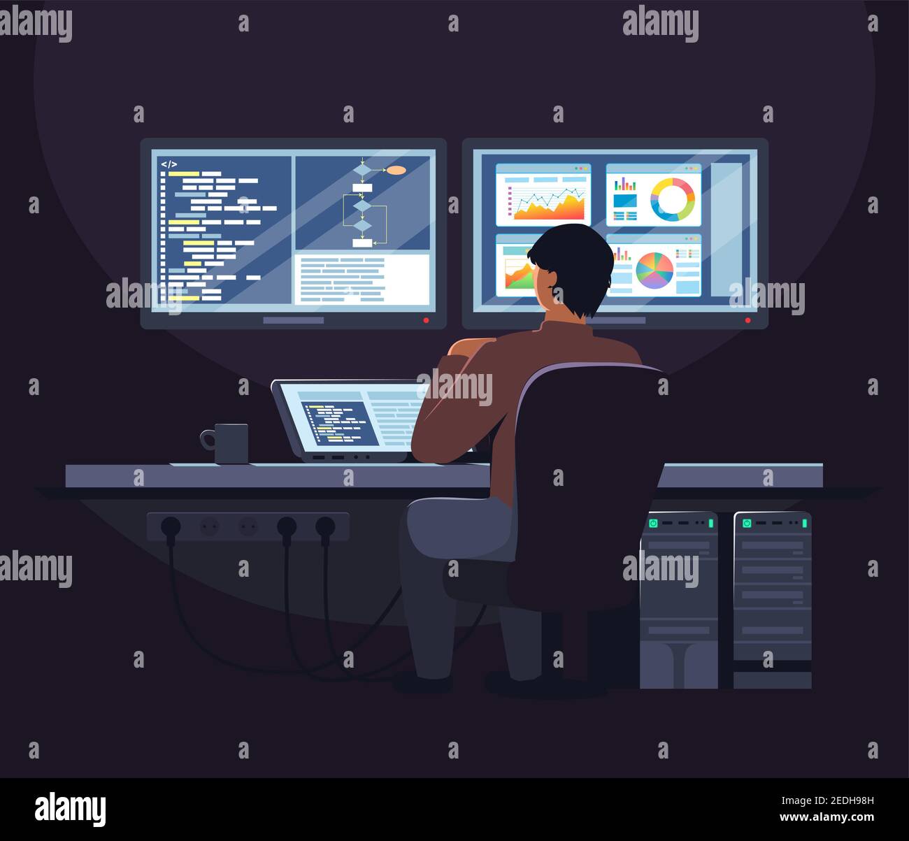 System administrator, software developer working on laptop computer in ...