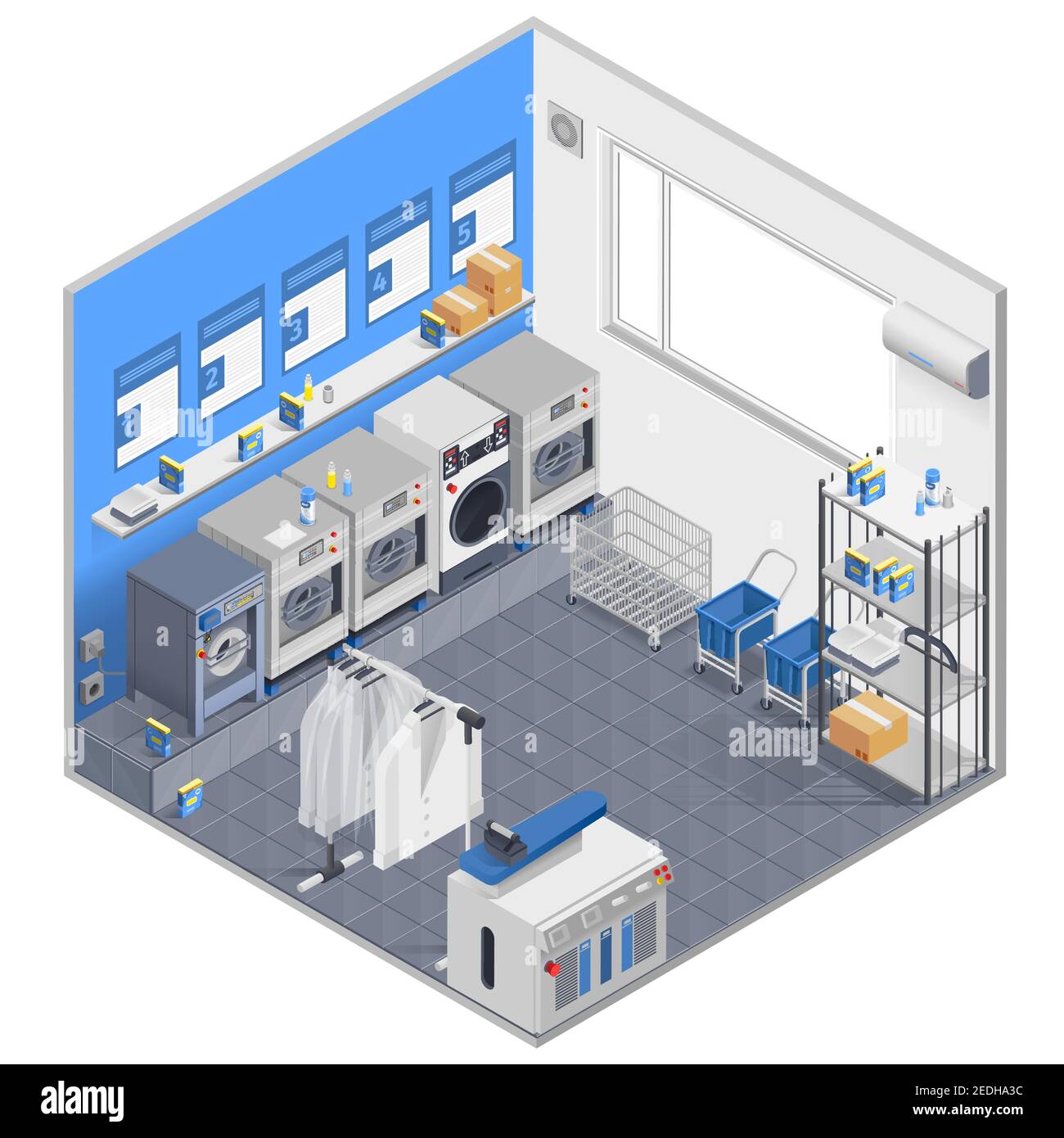 Laundry isometric concept with washing machines clothes and powder ...