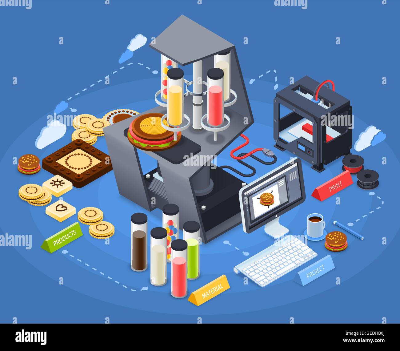 Printing isometric concept with color technology and innovation symbols ...