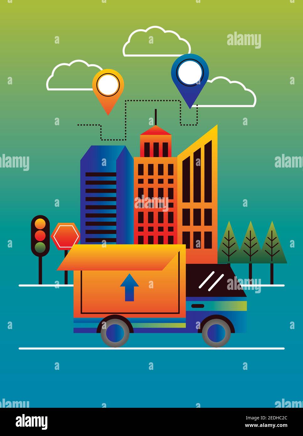 delivery service pins locations in buildings and truck vector ...