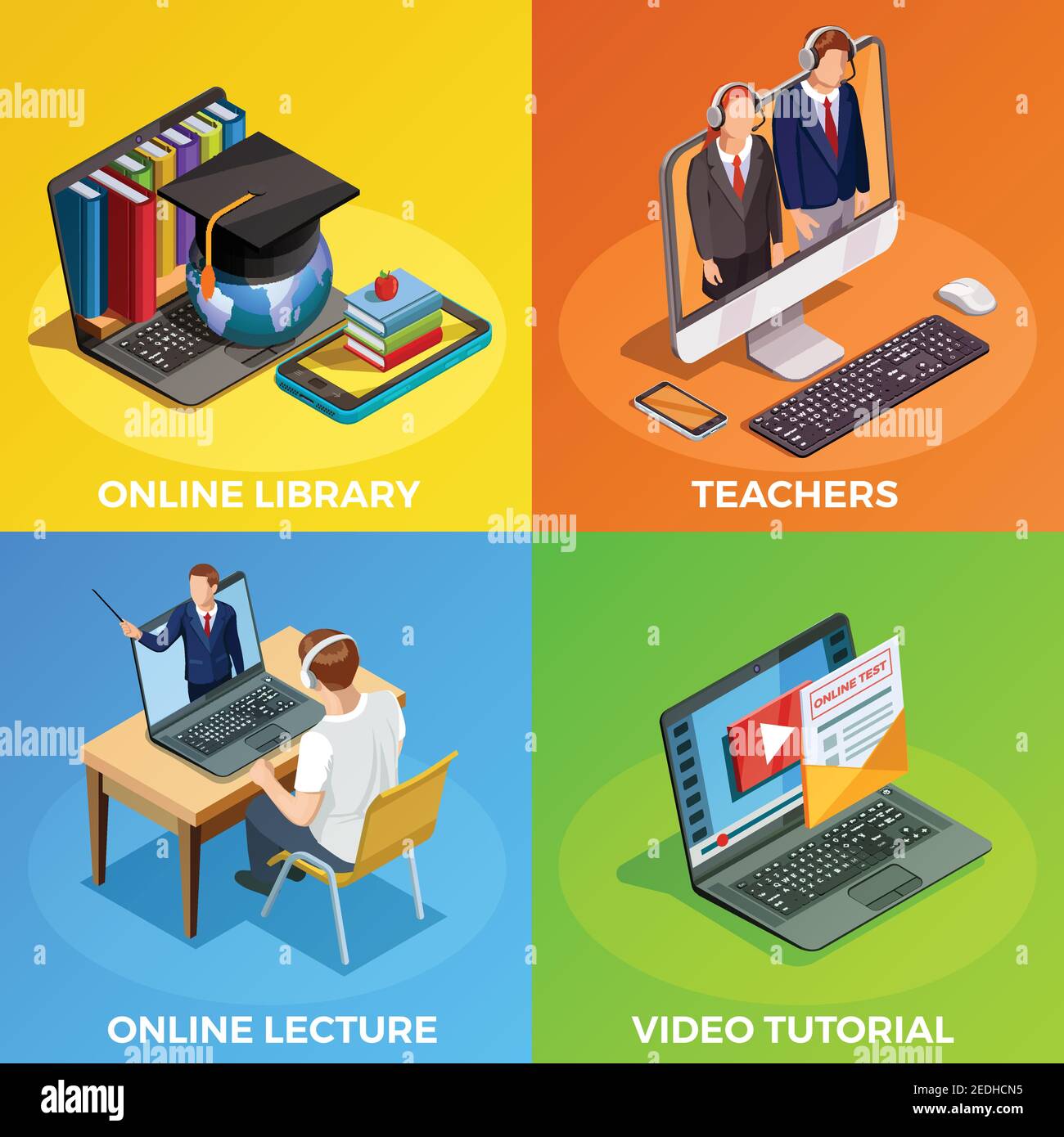 Online education isometric images composition with video tutorial ...