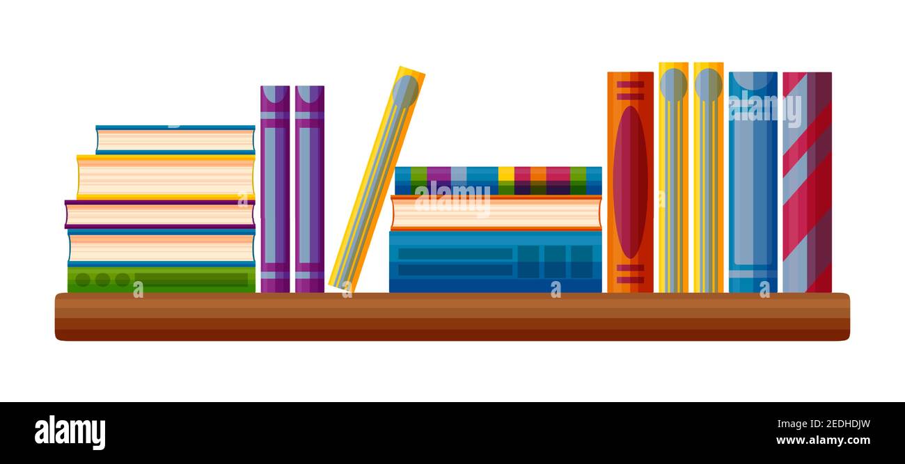 Shelf with book piles. Information point with books in cartoon style ...