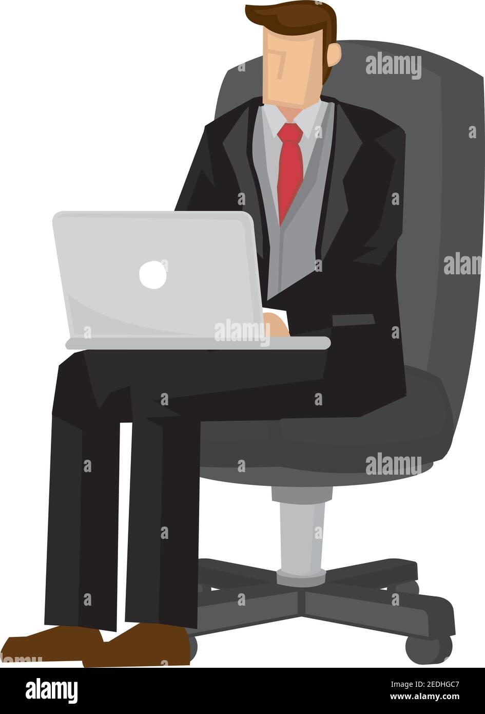 Isolated business man in a suit working on a laptop computer at his lap ...