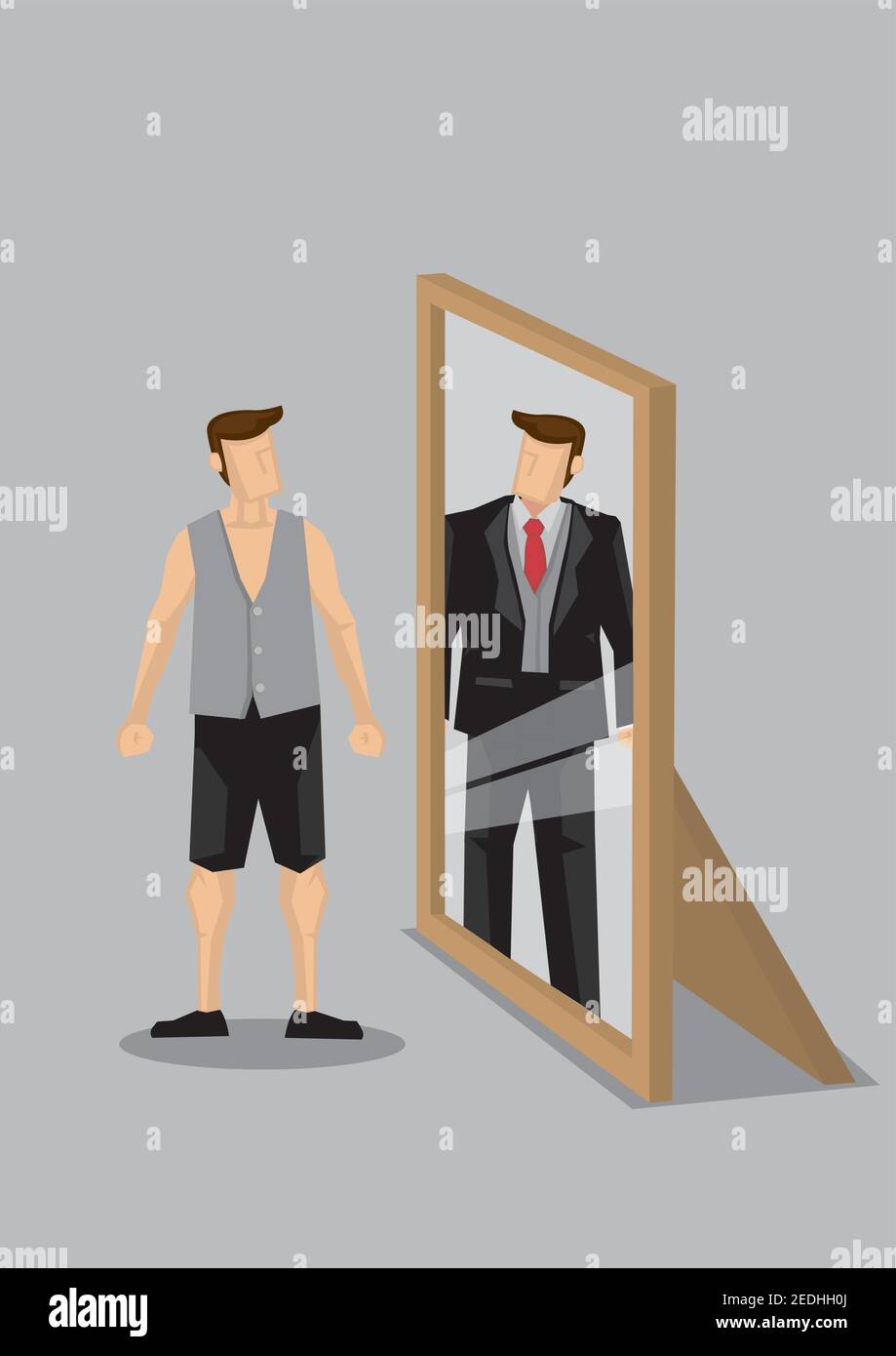 Cartoon man in casual wear stands in front of mirror and sees himself ...