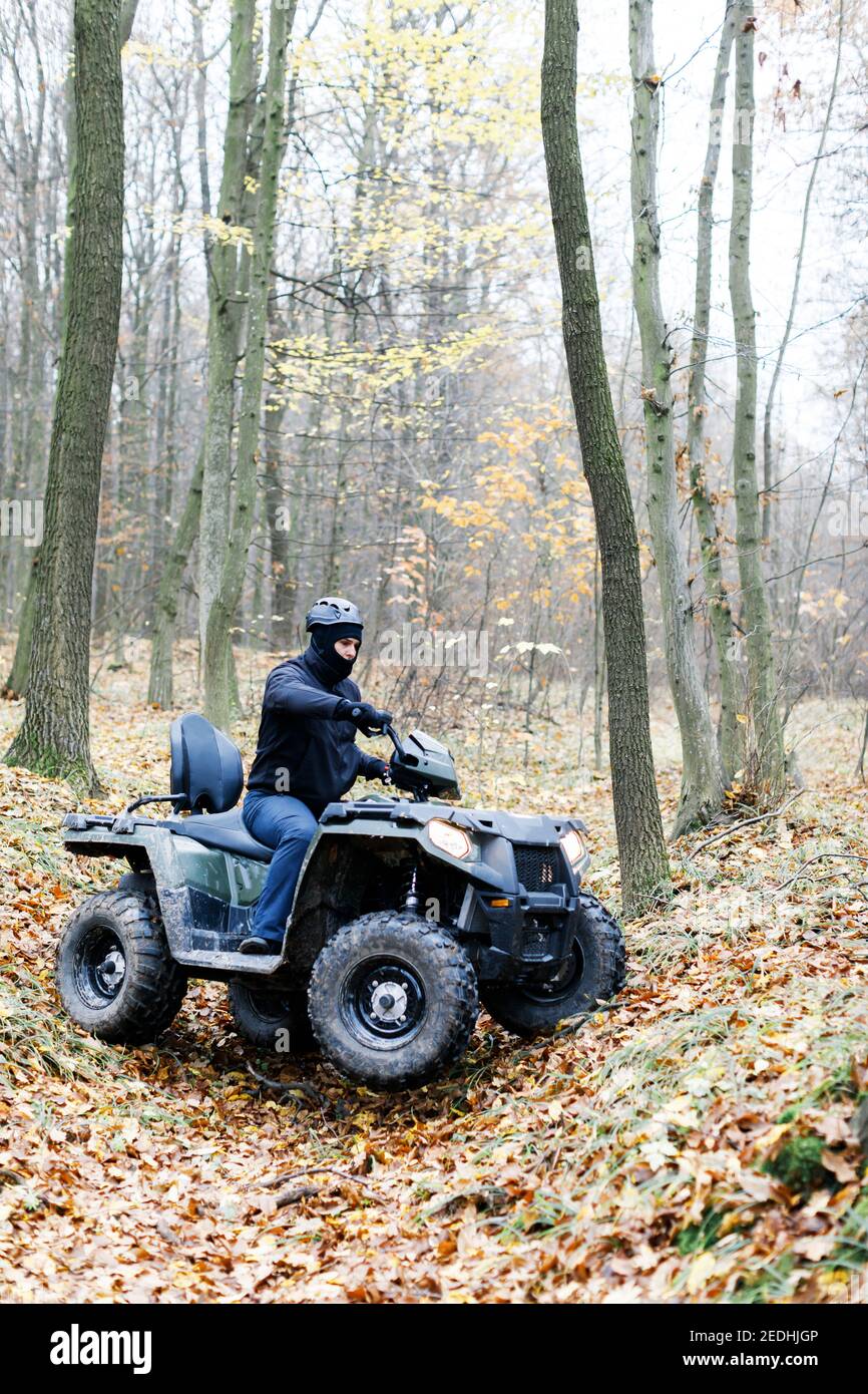 Travel without roads. ATV. A man rides through the forest on an all ...