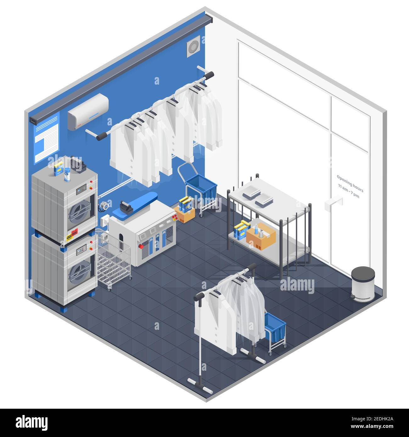 Laundry and dry cleaning isometric concept with washing machines and ...
