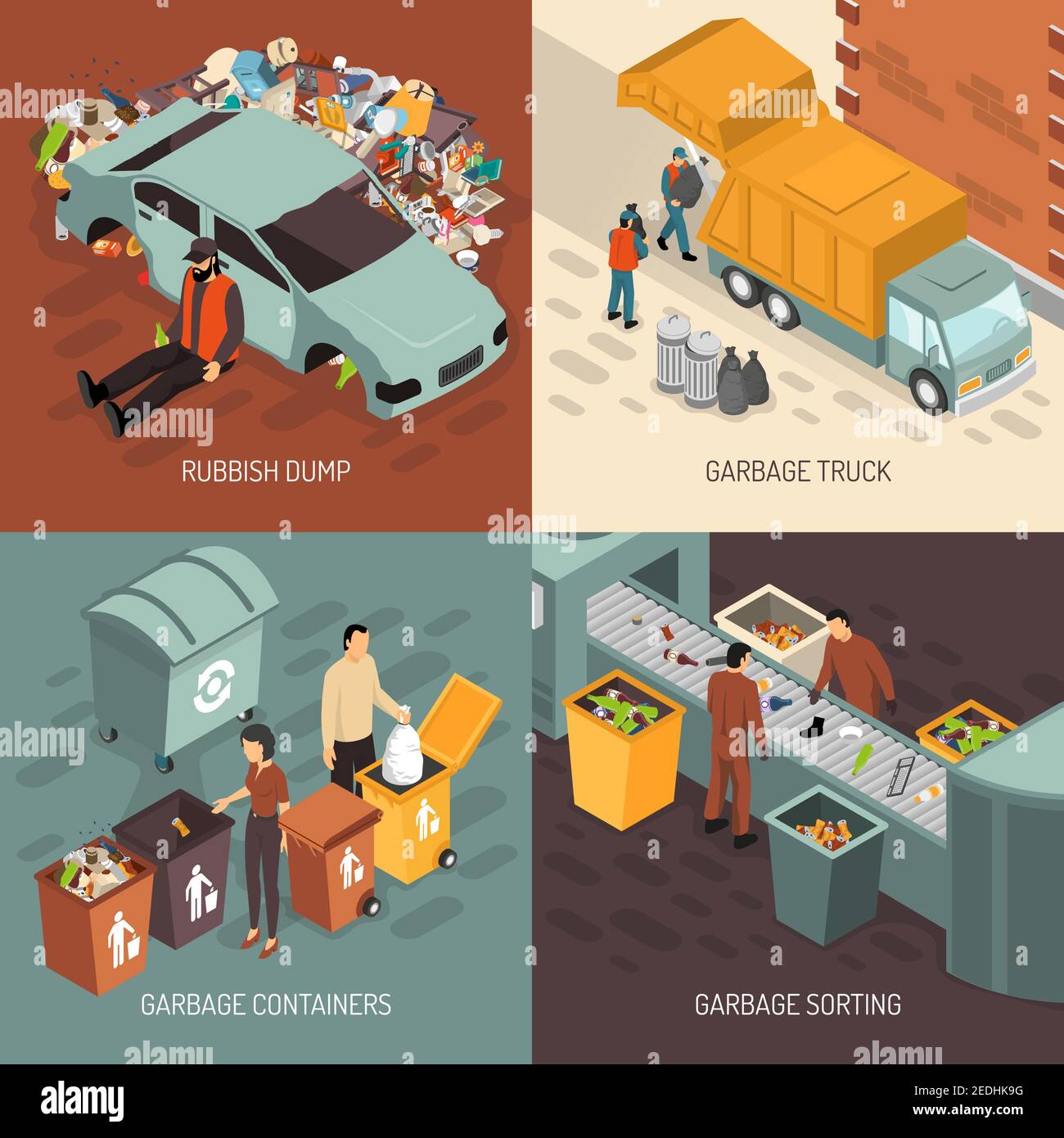 Four square isometric garbage recycling design icon set with truck ...