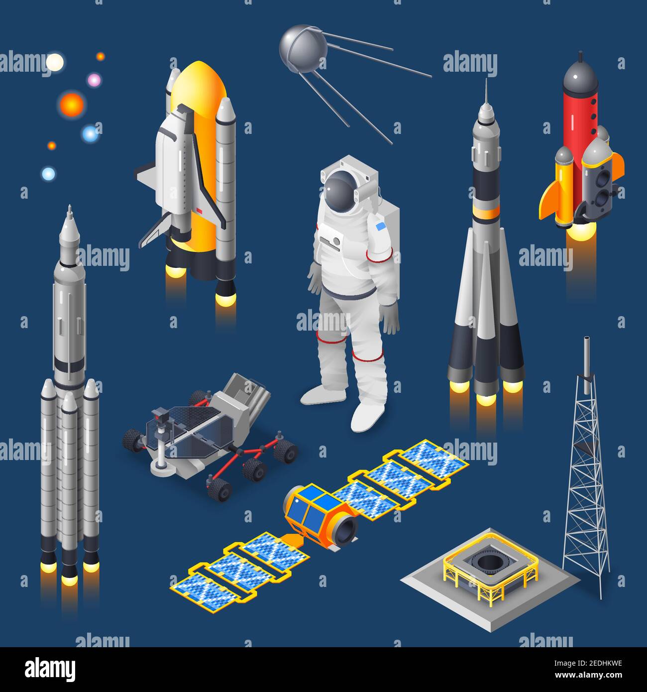 Space isometric set with rocket and satellite on blue background ...