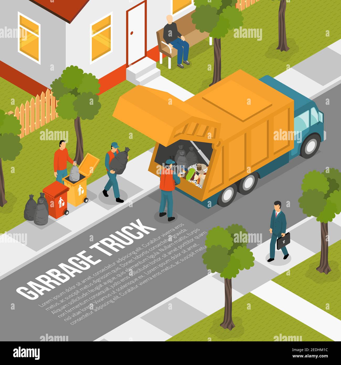 Colored isometric garbage recycling composition with garbage truck on a ...