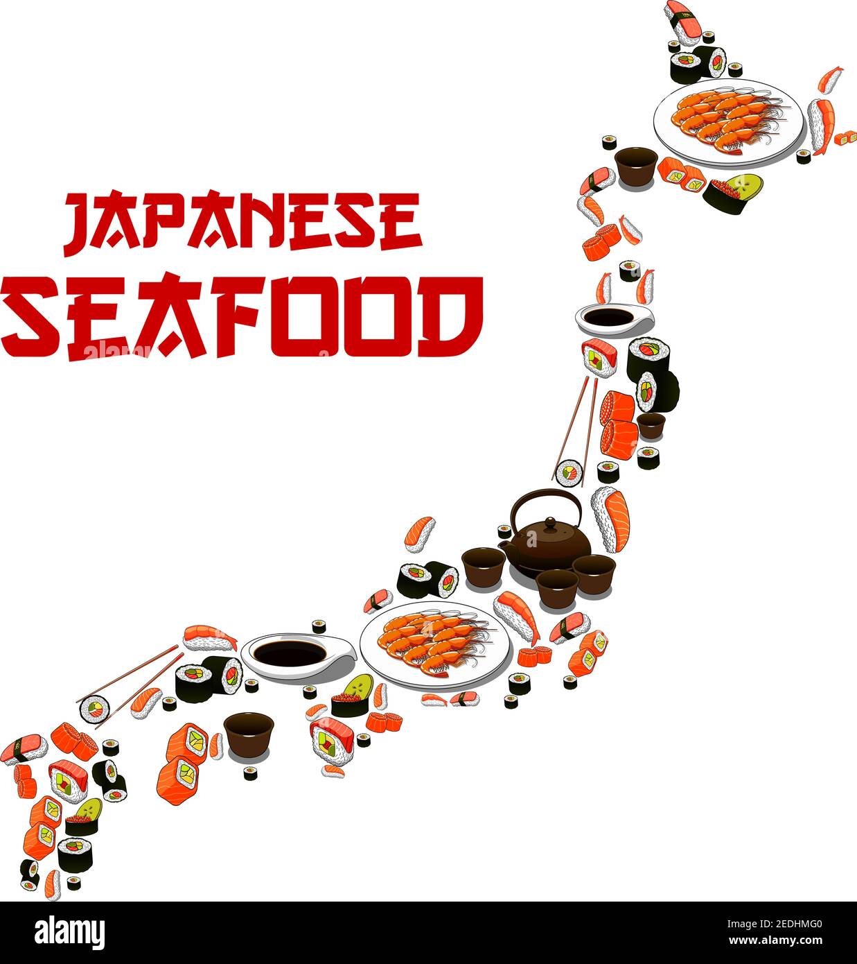 Japanese seafood in shape of Japan map. Vector Sushi, sashimi and ...