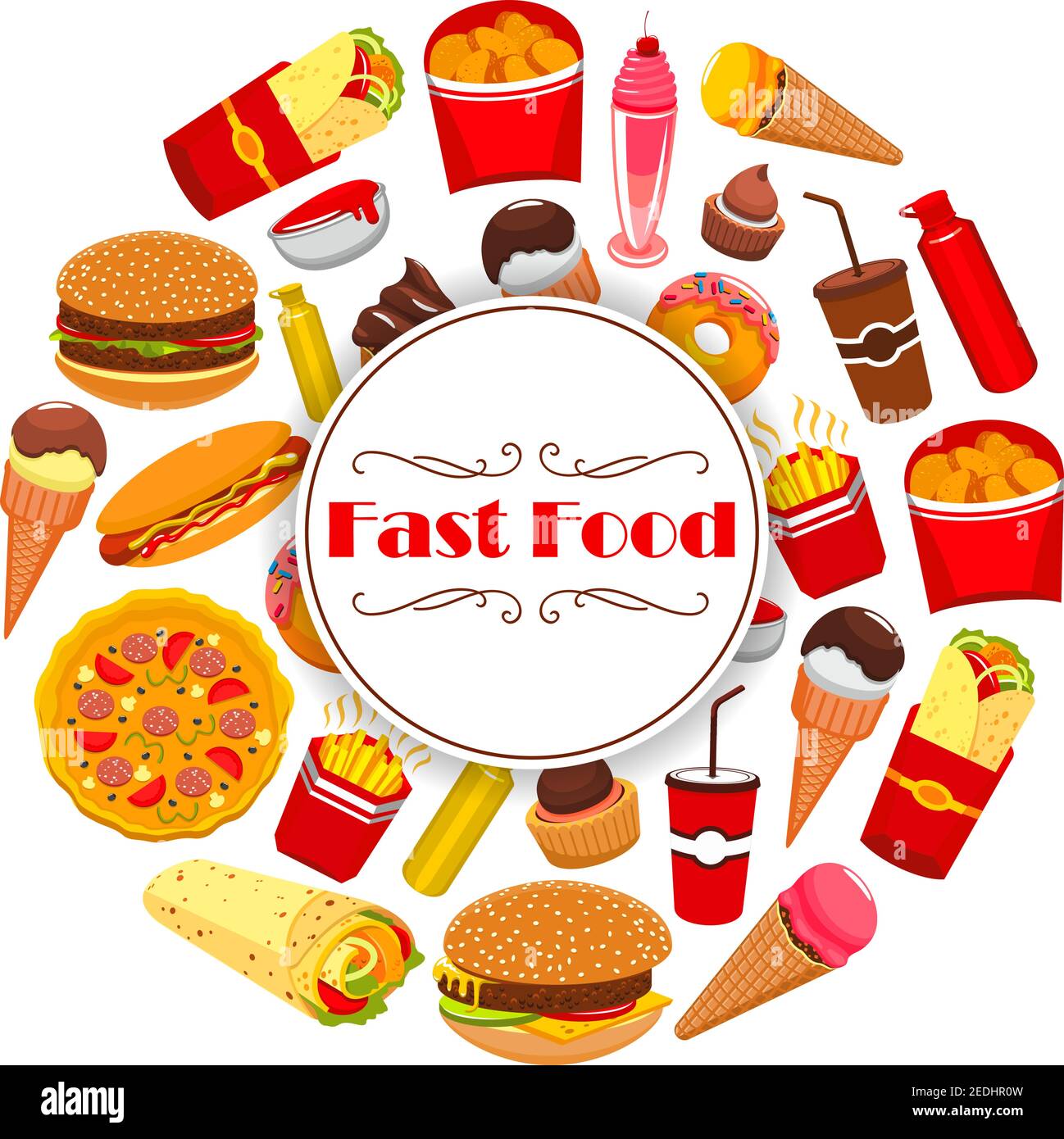 Fast Food poster in round shape with vector snacks meal cheeseburger ...