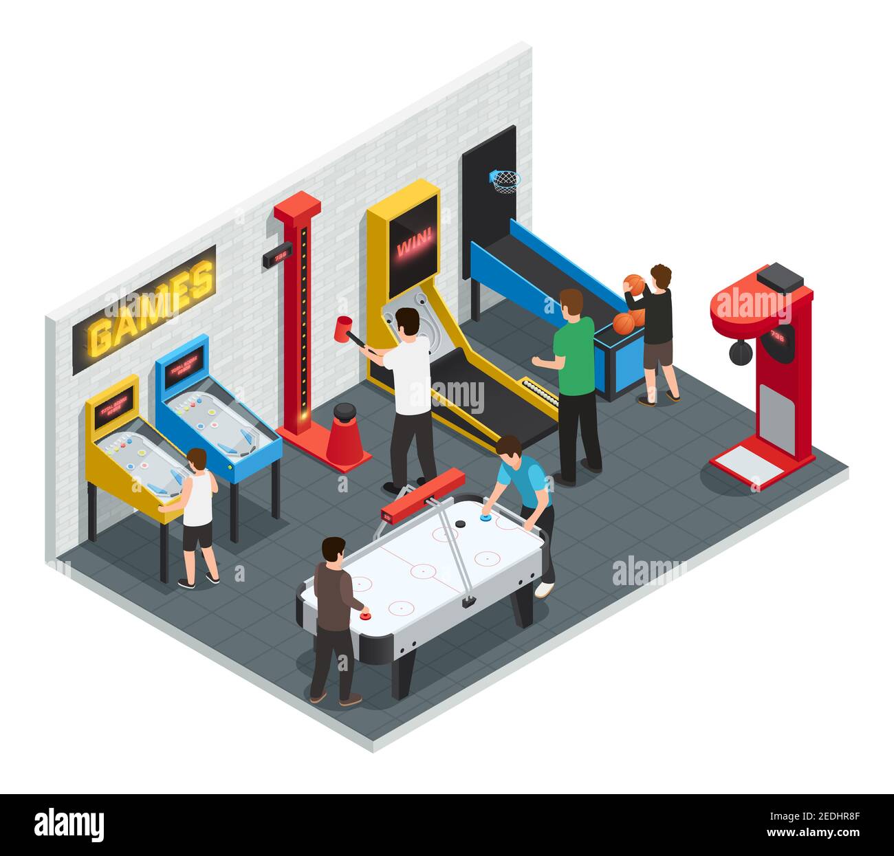 Isometric 3d game club interior colored concept people play games in ...