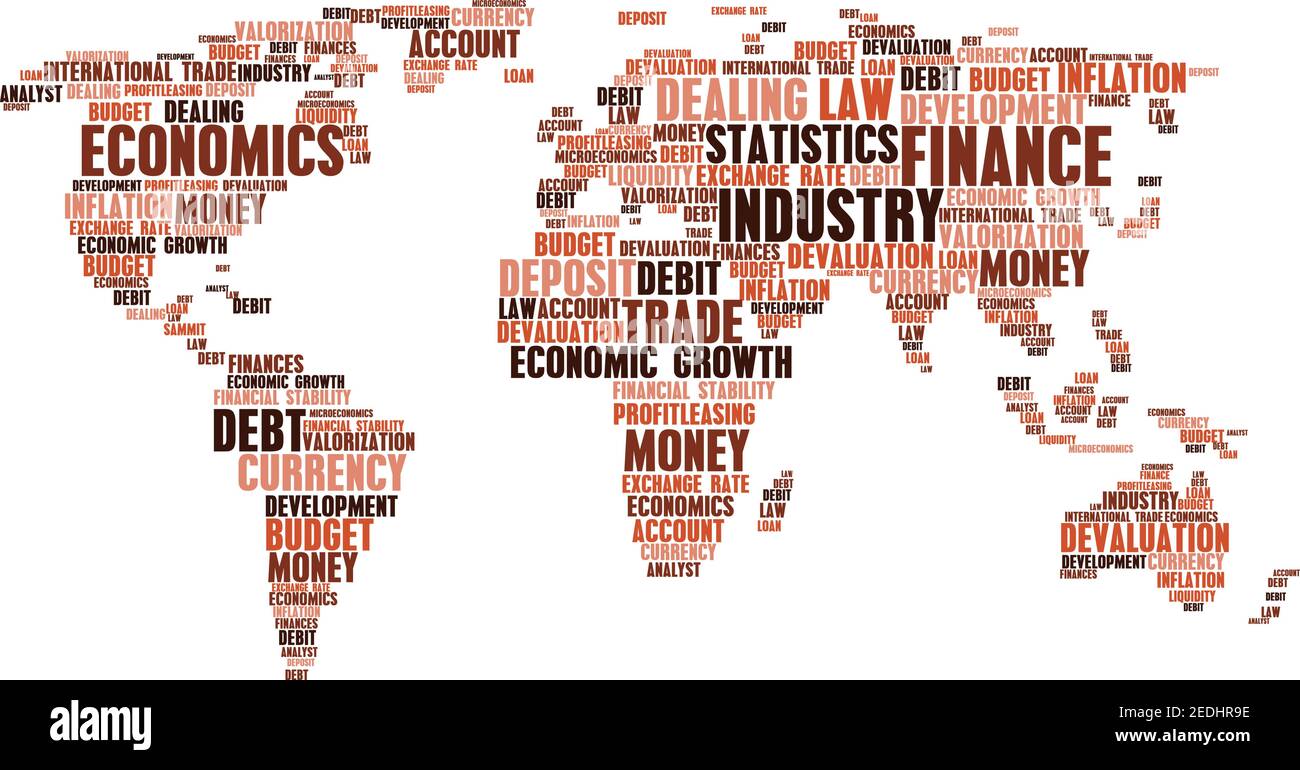 Industry, economics and business cloud tags words. Vector world map of ...