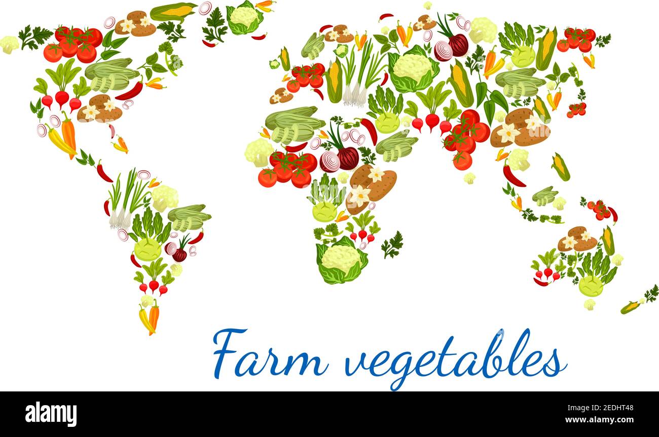 Vegetables and greens in shape of world map. Vector veggies zucchini ...