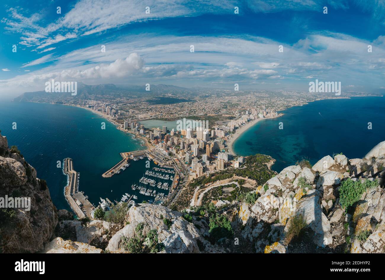 Aerial view of the coastal Calp town in Spain during daytime Stock ...