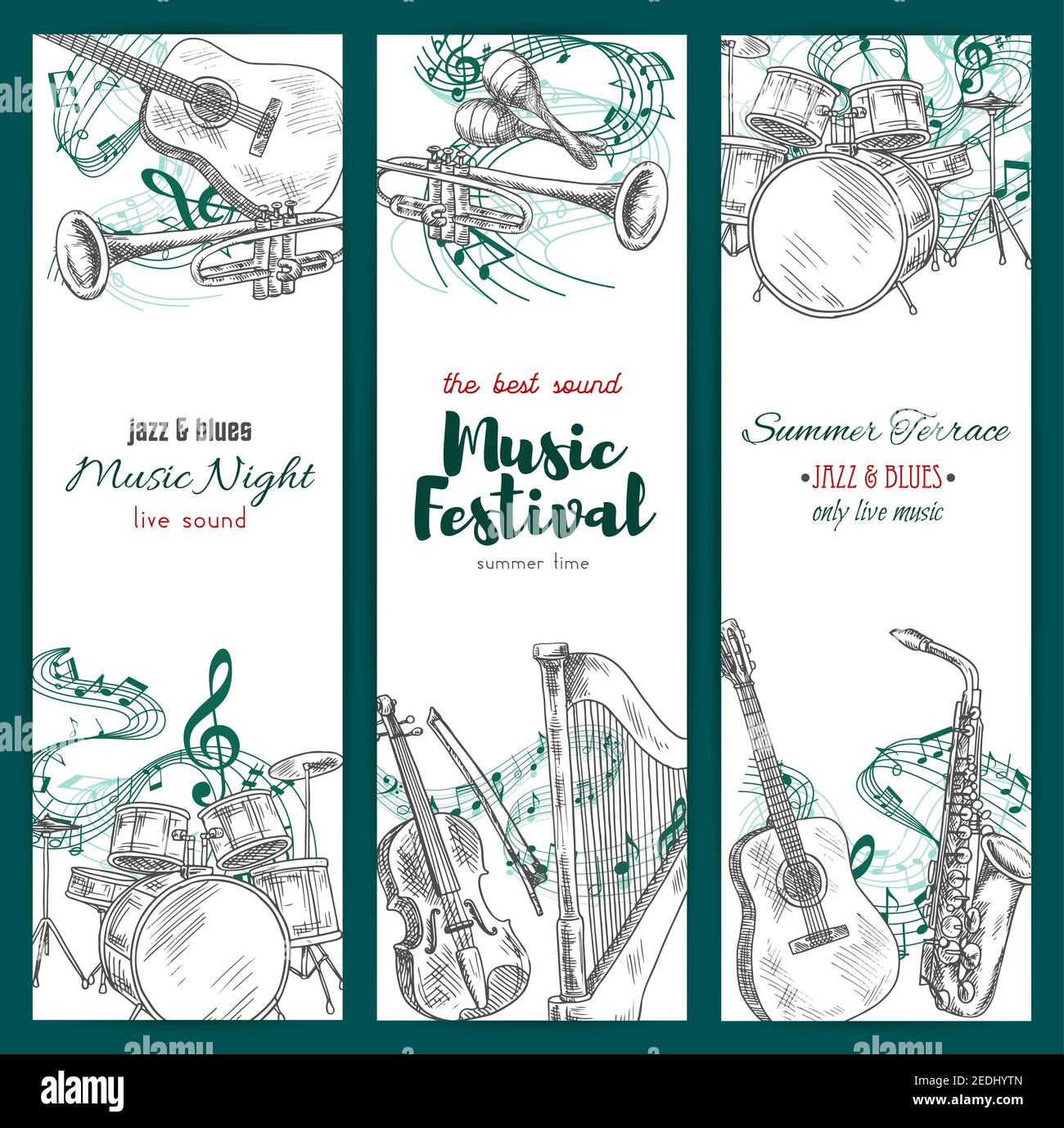 Banners with musical instruments. Vector sketch design for jazz music ...