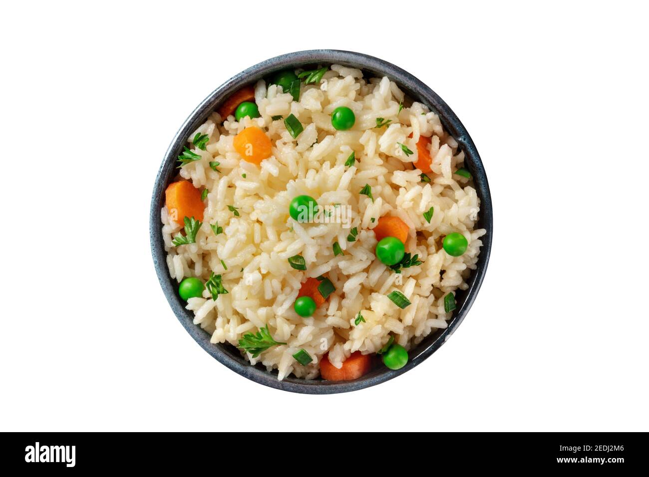White rice with vegetables, overhead shot, isolated on a white ...