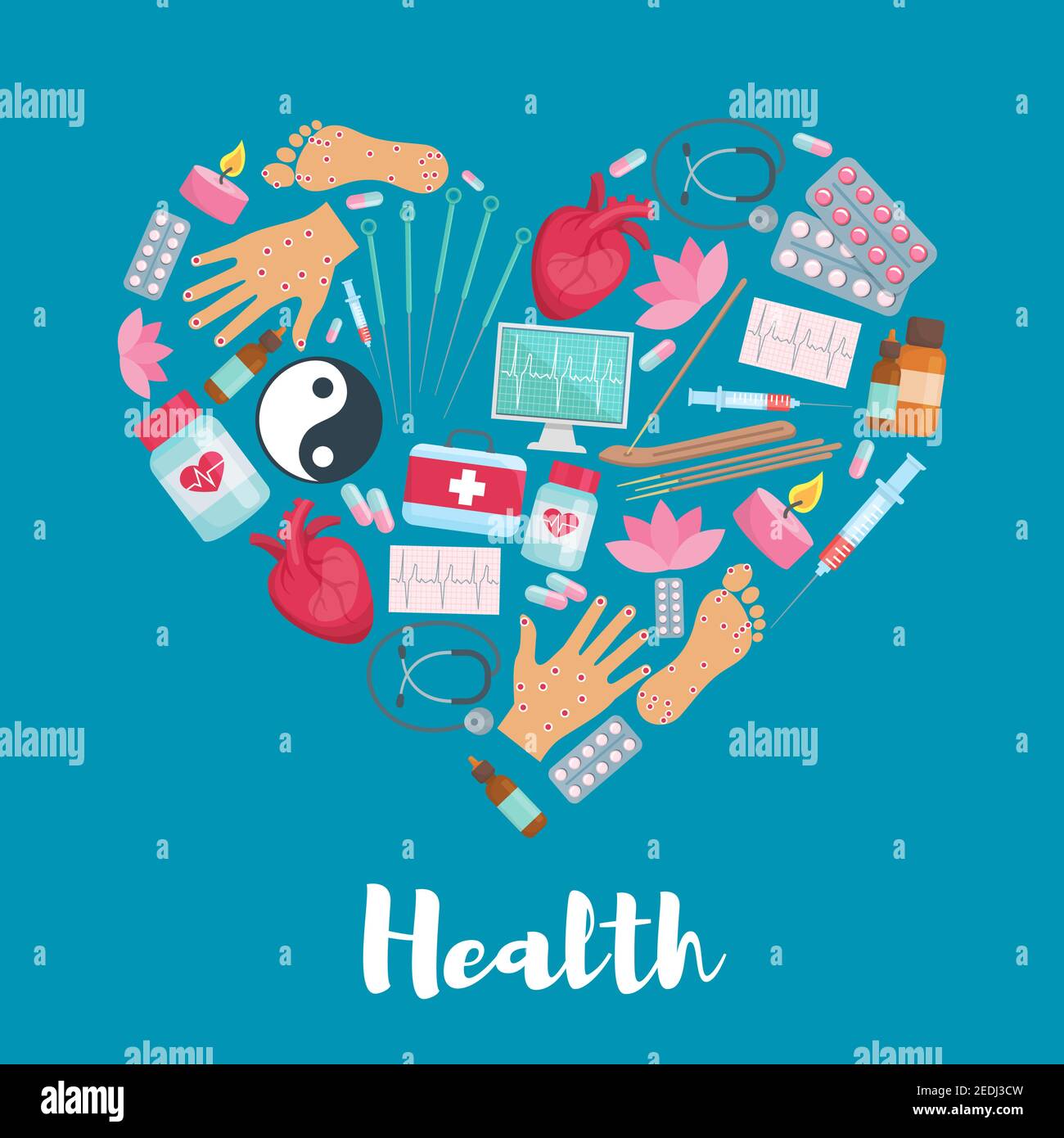 Health and acupuncture heart poster or symbol of oriental alternative ...