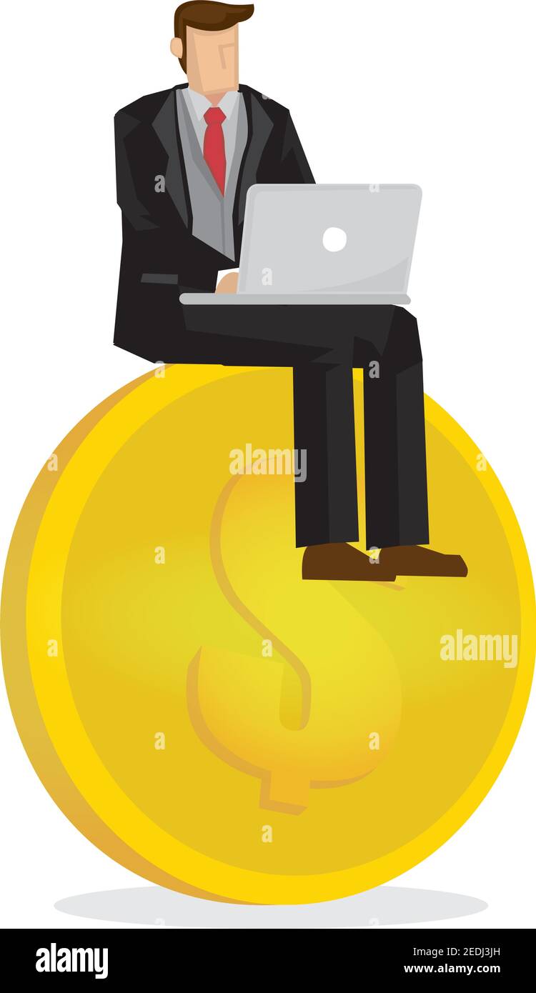 Business man in a suit working on a laptop computer on top of money ...