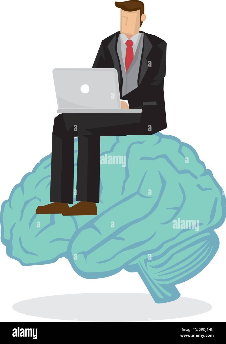 Business man in a suit working on a laptop computer on top of a brain ...