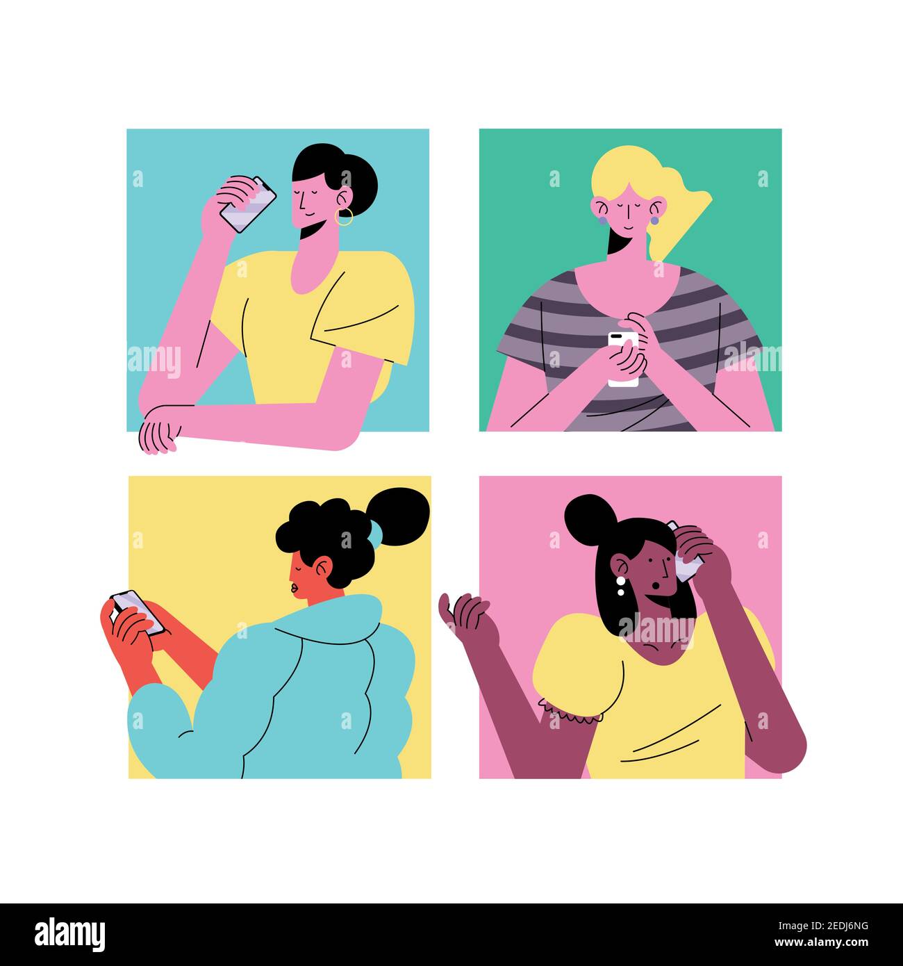 young four girls wearing technology avatars characters vector ...